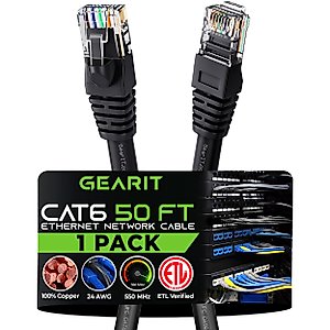 GearIT Cat 6 Ethernet Cable Cat 6 Patch Cable, Cat 6 Cable, Cat6 Ethernet Cable, Network Cable, Internet Cable - Black 50 Feet (Pack of 1)