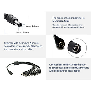 SOLTECH 8 Way DC Power Supply Splitter for Security Cameras 1 Female to 8 Male 5.5 * 2.1mm 8 Channel Y Adaptor for CCTV Surveillance Cameras (1)