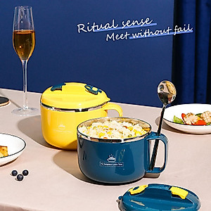 304 Stainless Steel Ramen Bowls,Insulation Bowls With Lid & Handle Ramen Cooker, Blue, 6.3x5.12x4.92