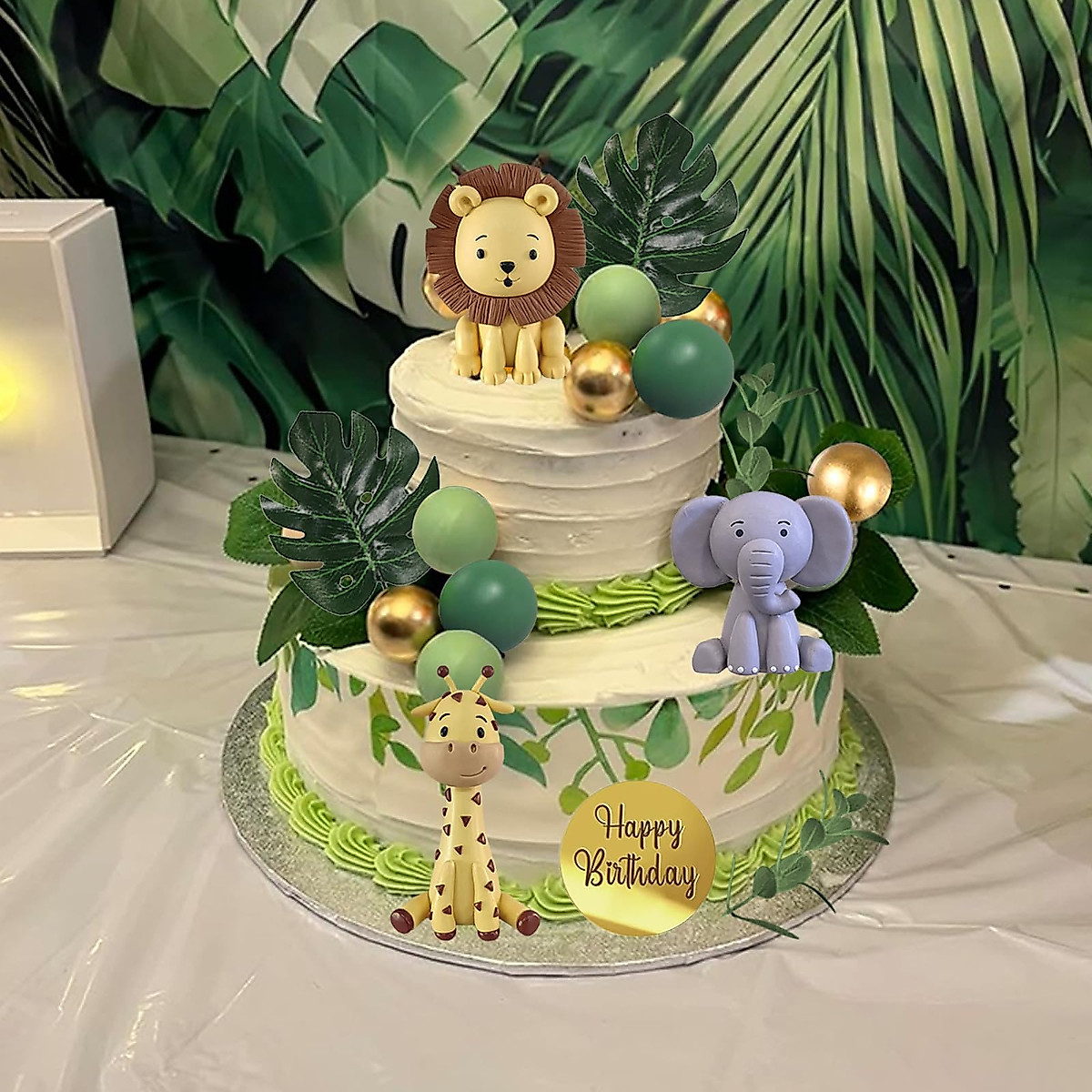 25 PCS Safari Animal Cake Toppers Jungle Wild Cake Decorations with Green Balls Plam Leaves for Wild Animals Themed Birthday Baby Shower Party Supplies