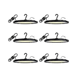 Fullmeii 200W 6 Pack UFO LED High Bay Light 28,000lm 5000K LED High Bay Lights with UL Listed US Hook 5' Cable Alternative to 650W MH/HPS for Gym Factory Barn Warehouse