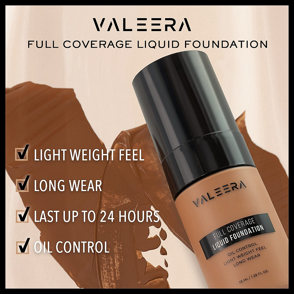Valeera Full Coverage Soft Matte Oil Control Flawless 24HR Concealer Liquid Waterproof Foundation (104 - Buff Beige)