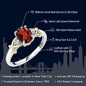 Gem Stone King 2 Tone 10K Yellow Gold and 925 Sterling Silver Red Garnet and White Lab Grown Diamond Ring For Women (1.58 Cttw, Available in Size 5,6,7,8,9)