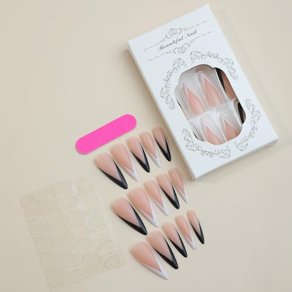 RTKHFZE Press on Nails Long,Almond Fake Nails Black White French Tip False Nails Matte Artificial Acrylic Nails Stiletto Full Cover Glue on Nails Stick on Nails for Women Manicure