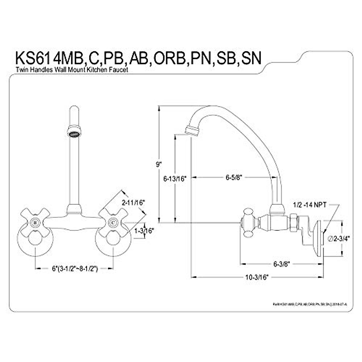 Kingston Brass KS614SN 6-Inch Adjustable Center Wall Mount Kitchen Faucet, Brushed Nickel