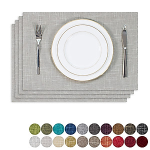 Kevin Textile Faux Linen Heat Resistant Placemats for Dining Table Set of 4, Easy to Clean Anti-Slip Place Mats, 13" x 19", Grey White