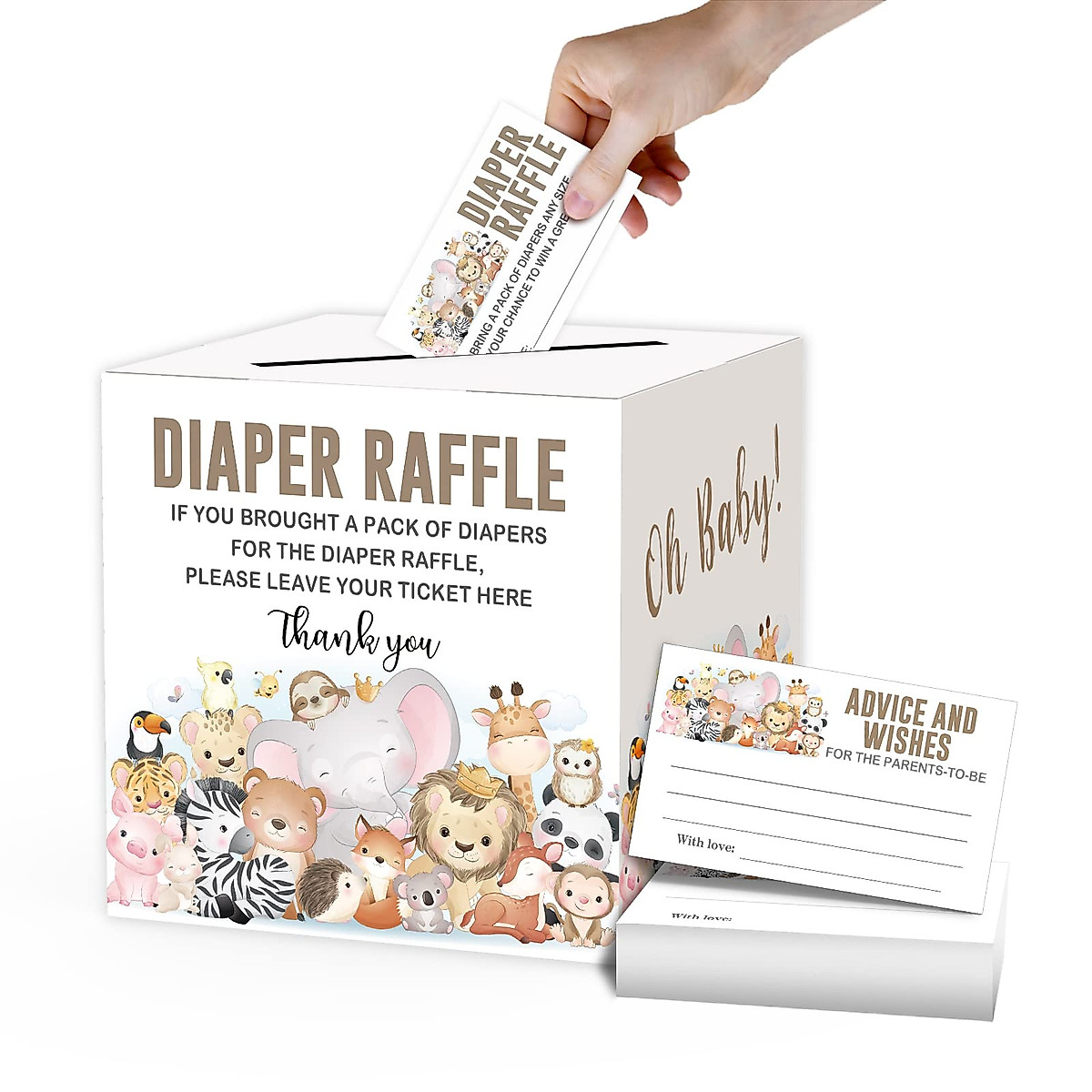 mermermu Diaper Raffle Tickets and Advice Cards For Baby Shower - 1 Card Collection Box & 50 Tickets, Animal Baby Shower Card Box, Party FavorsDecorationsSupplies, Game Kit, 8" Card Box -005BOX