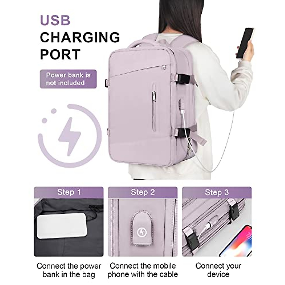 Large Travel Backpack for Women,Carry On Backpack,Expandable Airline Airplane Approved Weekender Backpack,Hiking Backpack,Laptop Backpack with USB Charging Port,Waterproof 40L Backpack, Lotus Pink