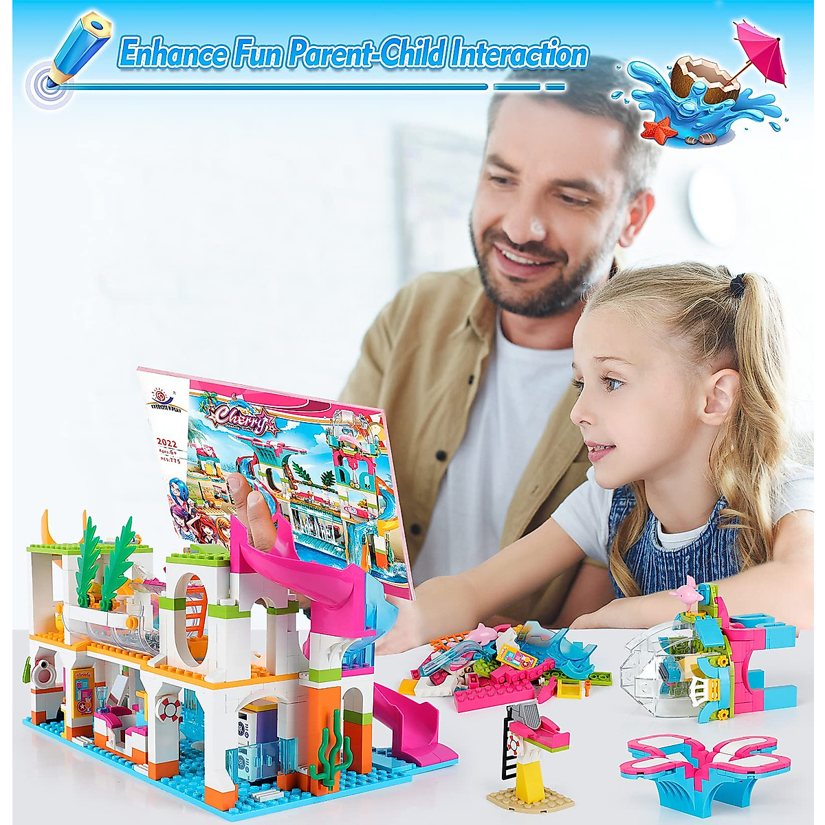 Building Set for Girls Friends Set Summer Swimming Pool Building Toys Water Park Building Blocks Playset Includes Ice-Cream Car, Shower Room, Christmas Birthday Present Gift for Kids Girls 6-12