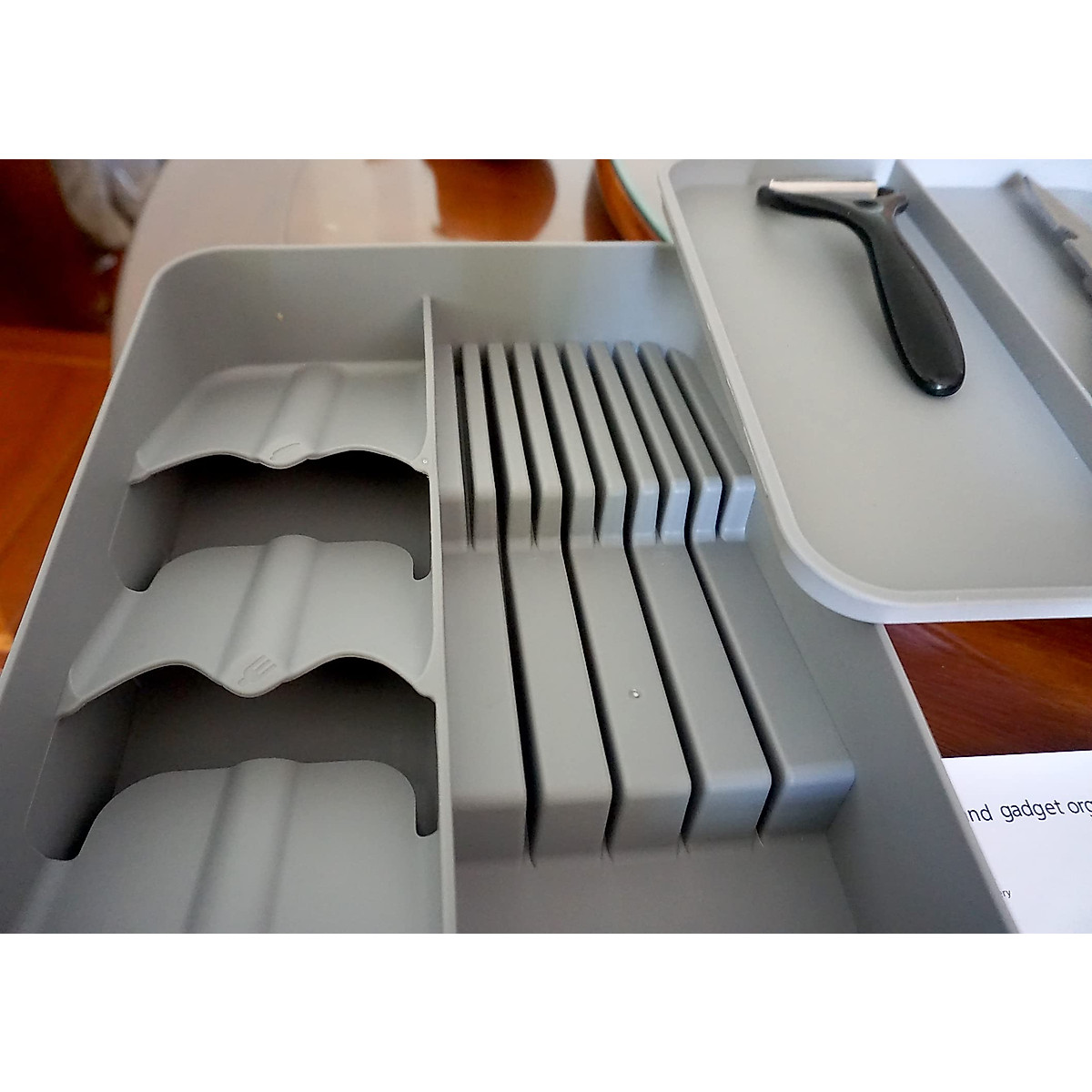 Toosbuc Kitchen Utensil Drawer Organizer 2-Tier Tray knife holder drawer & Silverware Flatware Cutlery Organizer Tray (Stackable-grey)