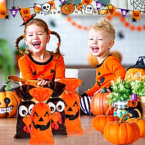 100 Pcs Thanksgiving Treat Bags 10.8'' x 5'' Pumpkin Turkey Candy Bags Fall Funny Face Cellophane Goodies Bags with 100 Twist Ties for Halloween Trick or Treat Fall Thanksgiving Party Supplies