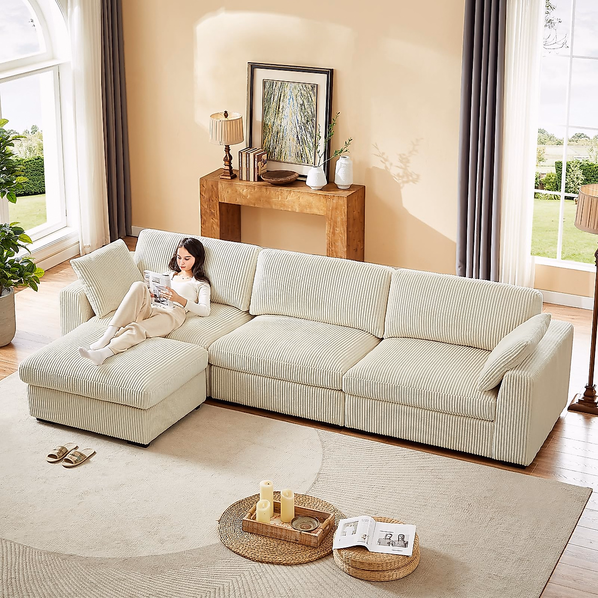HOLYFIND 130" Oversized Sectional Sofa,L Shaped Couch for Living Room,Modern Corduroy Modular Sofa,Deep 4 Seat Sofa Sleeper with Moveable Ottoman and Two Pillows (Beige, L Shape Sofa)