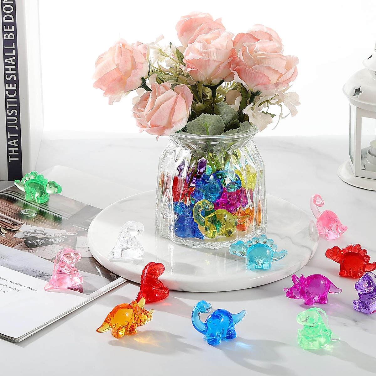 HAPTIME 50 Pcs Mini Dinosaur Figures, Mini Resin Animals to Hide, Sensory Bin/Treasure Box Toys, Bulk Plastic Dinosaur Party Favors, Small Classroom Prizes, Tiny Figurines for Kids, Vase Filler