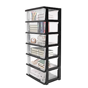 LINISHOP 6-Tier Rolling Storage Cart Rectangle Rolling Storage Cabinet Organizer Books Documents Storage Foldable Drawer Shelves Unit Rack with 4 Wheels for Home Office PP 19.7*13*43in (Black+Clear)