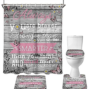 AAtter 4 Piece Pink and Grey Shower Curtain Set Inspirational Quotes Girls Kids Motivational Women 60Wx72L Curtains Decor with Non-Slip Rugs, Toilet Lid Cover and Bath Mat Bathroom Accessories, Rustic