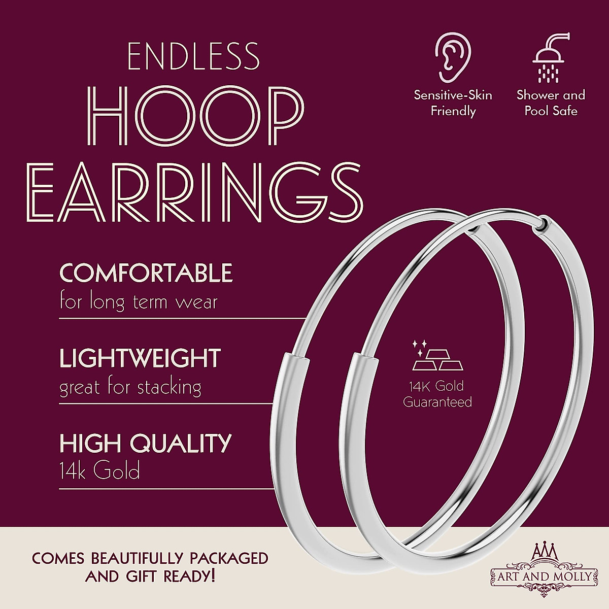 14k Gold Small Endless Hoop Earrings for Ears, Cartilage, Nose or Lips, 10mm (white-gold)