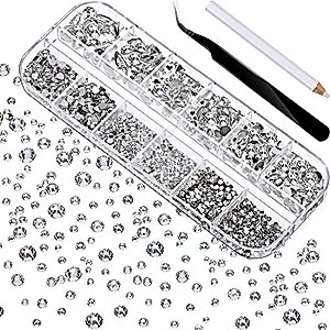 2000 Pieces Flat Back Gems Rhinestones 6 Sizes (1.5-6 Mm) Round Crystal Rhinestones with Pick up Tweezer and Rhinestones Picking Pen for Crafts Nail Clothes Shoes Bags DIY Art(Clear)