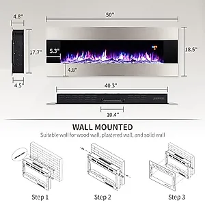 AMERLIFE 50" Wall Mount Electric Fireplace with Remote Control, Floating Fireplace Heater with Adjustable Flame Colors & Heater, Top-Vent, Low Noise, 750W/1500W, Stainless Steel Frame, Black