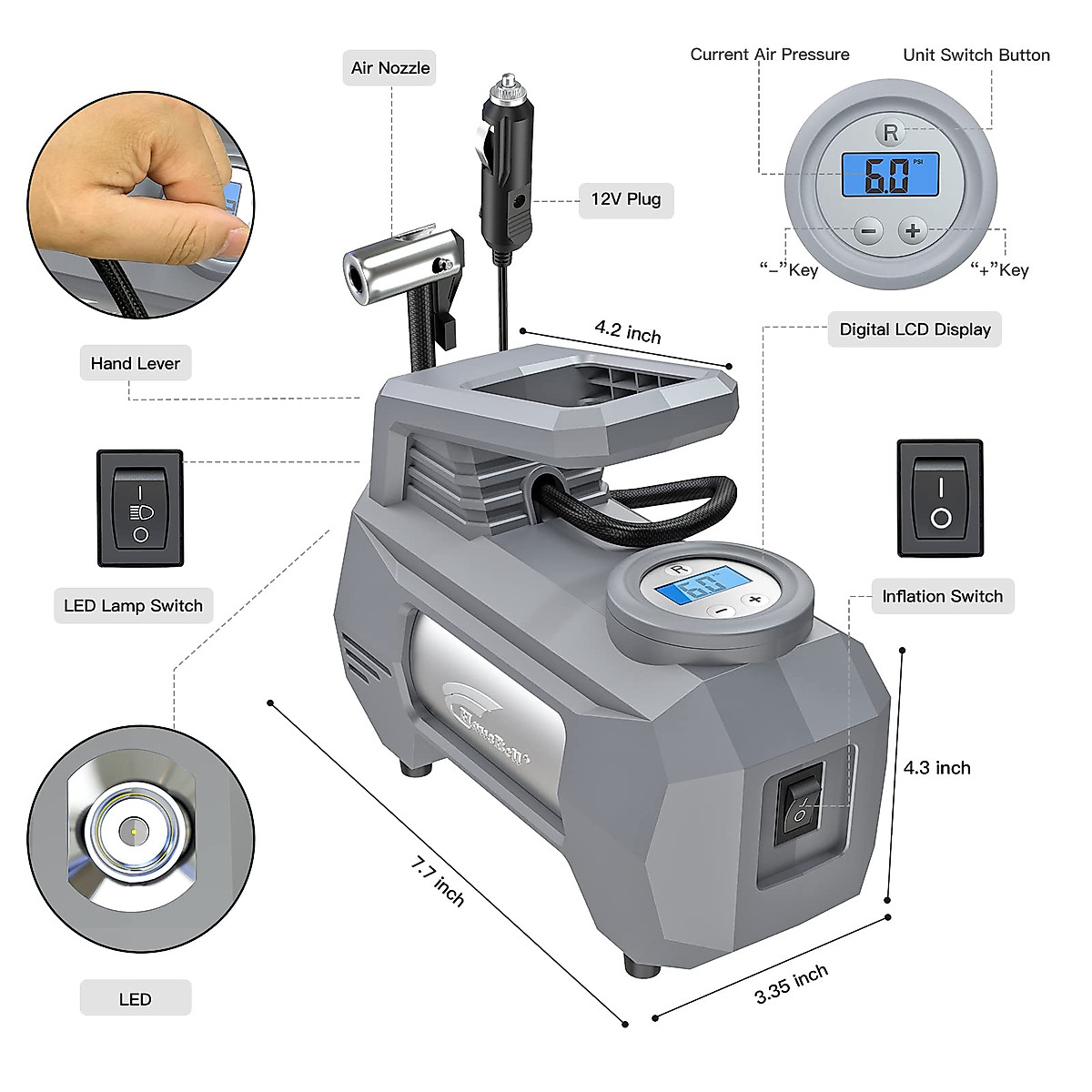 HAUSBELL tire inflator portable air compressor for car, portable air pump for car tires, Handle up to 4 Tires at a Time, 12V DC Car Air Pump, 150 PSI with Emergency LED Light (Grey)