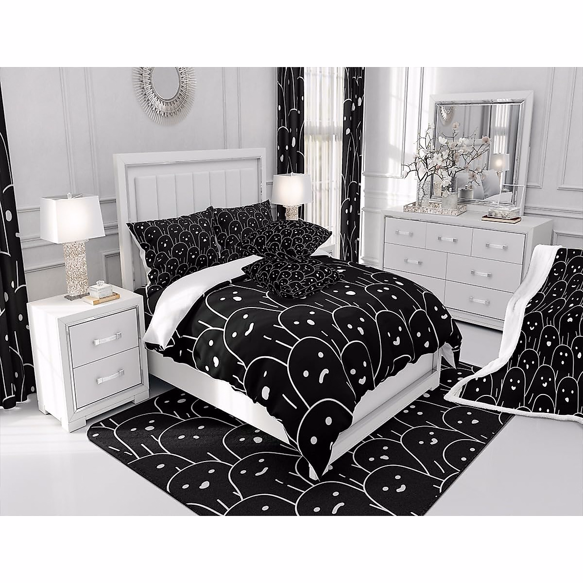 Cute Ghost Bedding Set,Black White Ghost Comforter Cover Set for Teens Women Room Decor,Cartoon Halloween Duvet Cover Breathable Funny Ghost Bedspread Cover Full Size(No Comforter)