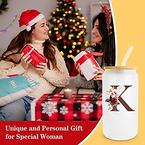 Birthday Gifts for Women, Personalized Gifts for Women, Monogrammed Initial Glass Cup - 16oz Glass Cups with Lids and Straws, Iced Coffee Cup, Beer Can Shaped Glass - Personalized Christmas Gifts K