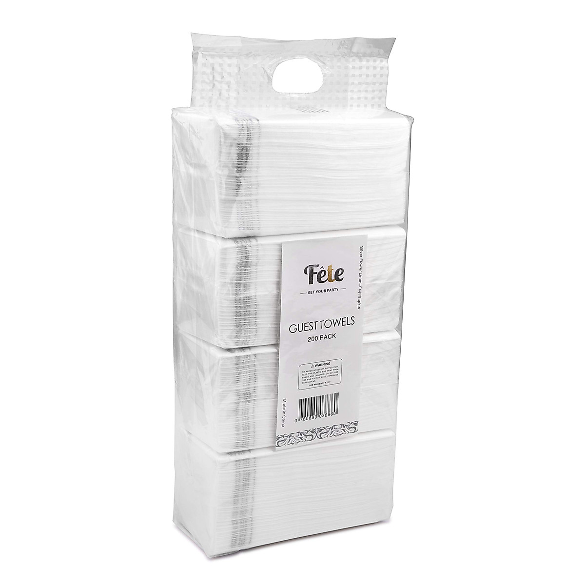 Fete Decorative Hand Towels, silver flower 200pcs Disposable Linen-Feel Guest Towelettes – Formal Dinner, Anniversary, and Wedding Napkins for Tables, Guestrooms, and Restrooms - 8.5x 4-Inches Folded,