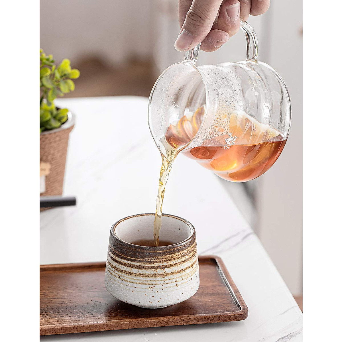 TANG PIN Handcrafted Ceramic Tea Cups Chinese Kung Fu Tea Cup Set of 2, Coffee Mugs for Cappuccino, Ceramic Sake Cups, 6 OZ(Black & White)