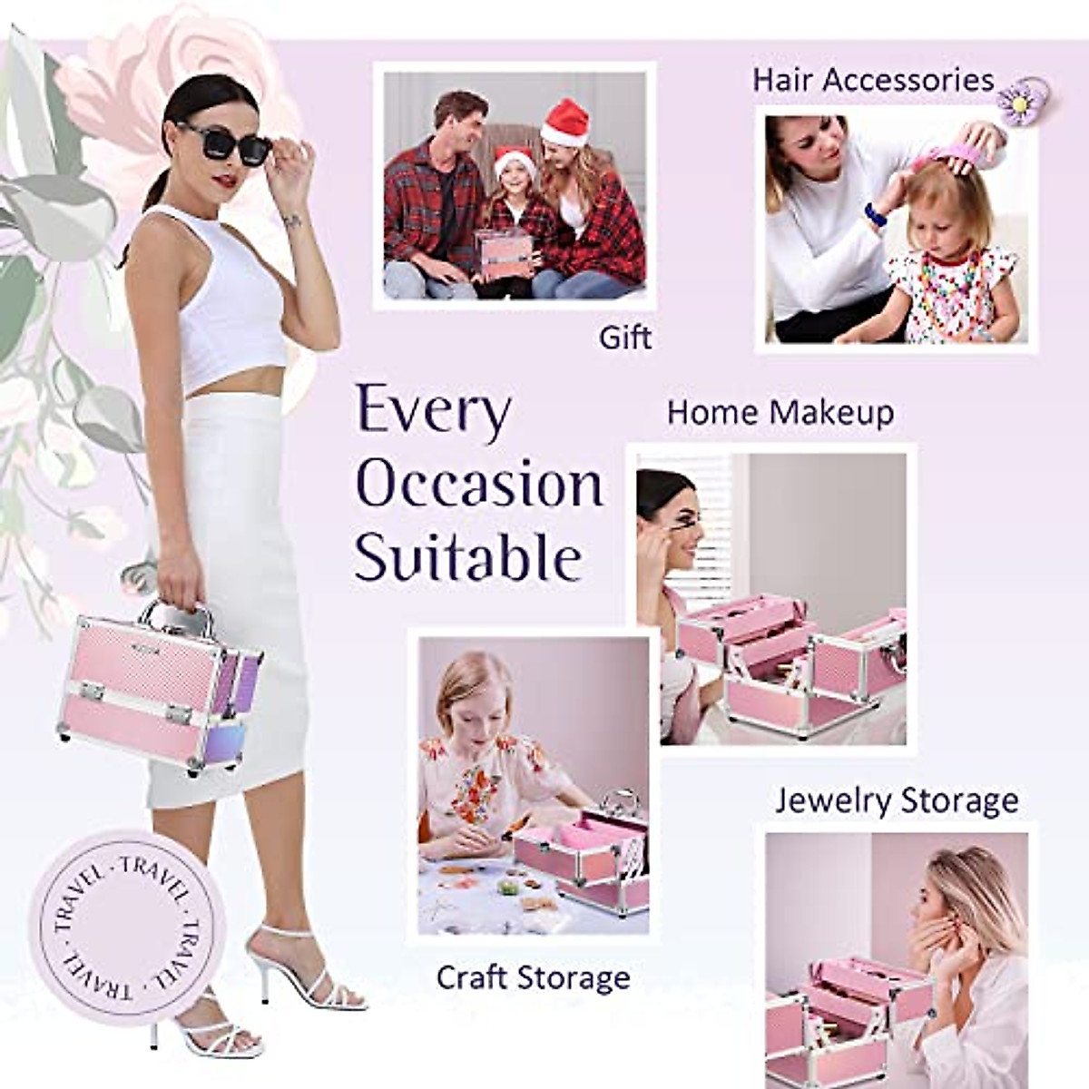 FRENESSA Makeup Train Case Beauty Cosmetic Box 4 Tier Trays Jewelry Storage Organizer with Lockable Pink Lining Perfect for Women and Girls - Mermaid Pink