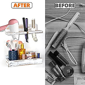 Hair Tool Organizer Wall Mounted - Wooden Hair Dryer Holder, Rustic Blow Dryer Holder for Curling Iron, Hot Tools, Hair Straighteners, Set of 2 Bathroom Vanity Tray for Makeup,Toiletries, White