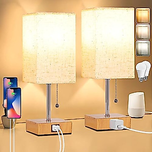 Table Lamp for Bedrooms Set of 2,3 Color Bedside Table Lamps for Bed Room with USB Type C Charging Port Ac Outlet,Pull Chain Nightstand Table Lamp for Living Room,Office Desk(LED Bulb Included)