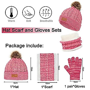 Enwokran 3pcs Kids Winter Hat Scarf Gloves Set, Fleece Lining Beanie Hat with Pom, Knit Gloves Neck Warmer for Girls Boys 2-6 Years Old (Pink)