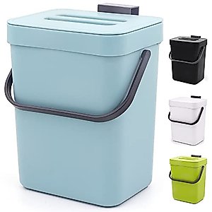 MONGTINGLU 1.3 Gallon Small Trash Can with Lid - Countertop Food Waste Bin, Kitchen Hanging Trash Can for Cabinet Door/Under Sink, Small Garbage Can for Desk, 5L(Subtle Blue)