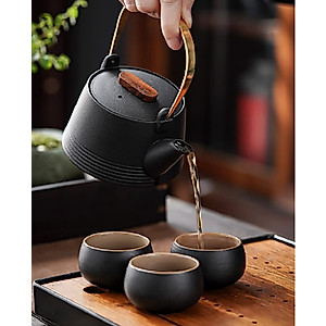 TRENDVEI Japanese Coarse Pottery Tea Set, Chinese Kungfu Loop-Handled Teapot with Infuser, 4 Cups and 1 Tea Tray