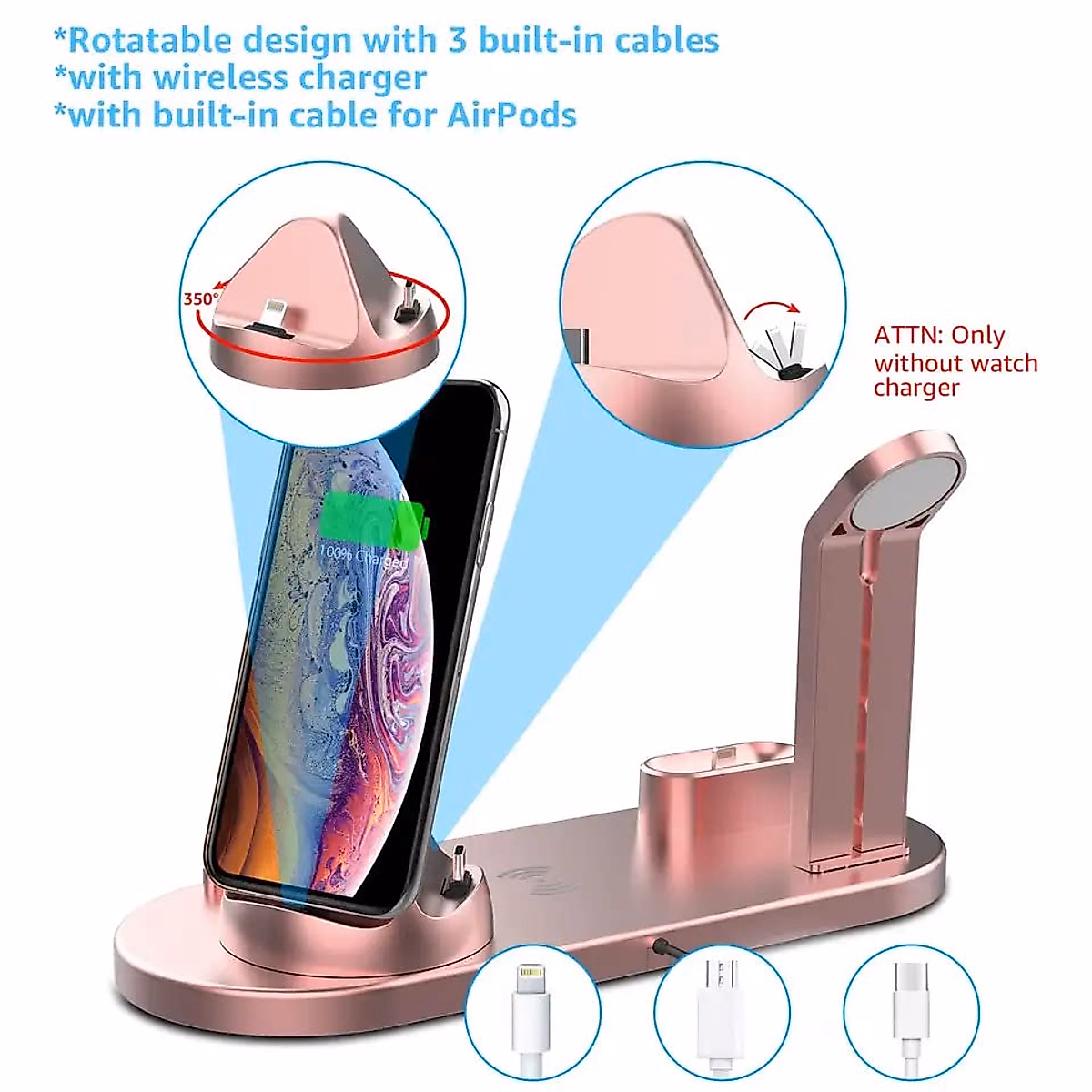 Multifunctional 4 in 1 Wireless Charger Fast Charging Dock Stand Desktop Charging Station (Black)