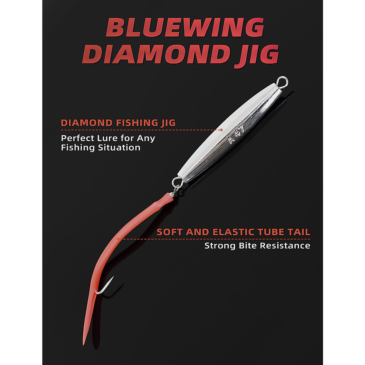 BLUEWING Diamond Jigs Fishing Saltwater Lure with Split Tube Tail and Stainless Steel Hook, 3oz, Red, 1pc