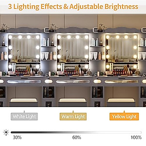Vlsrka Vanity Desk with Mirror and Lights, 43" Large Makeup Vanity Set with Charging Station, Power Outlets, Vanity Table with Light Bulbs, 3 Colors Lighting Modes, Adjustable Brightness (Grey)