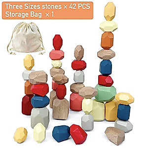 Celarlo 42 Pieces Wooden Sorting Stacking Balancing Stone Rocks Games, Wood Building Blocks Set, Educational Preschool Learning Toys, Lightweight Puzzle Set Gift for Kids