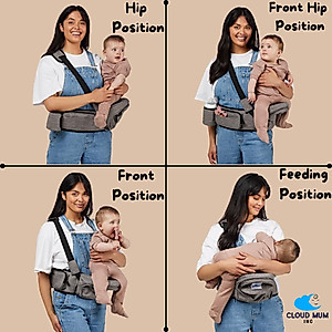 CLOUD MUM INC Ergonomic Baby Hip Carrier seat - Comfortable & CPC Certified, 5 Pockets, Shoulder Support, Waist Extender and Bottle Insulator, 7-66 lbs. - Perfect for Newborns to 36 Months (Grey)