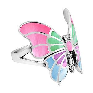 AeraVida Exotic Graceful Butterfly Multi-Color Mother of Pearl .925 Sterling Silver Ring