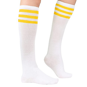 CICEYET Classic Triple Stripes Socks Halloween Cotton Knee High Tube Socks Skating Athletic Sport Socks for Men Women (White/Yellow)