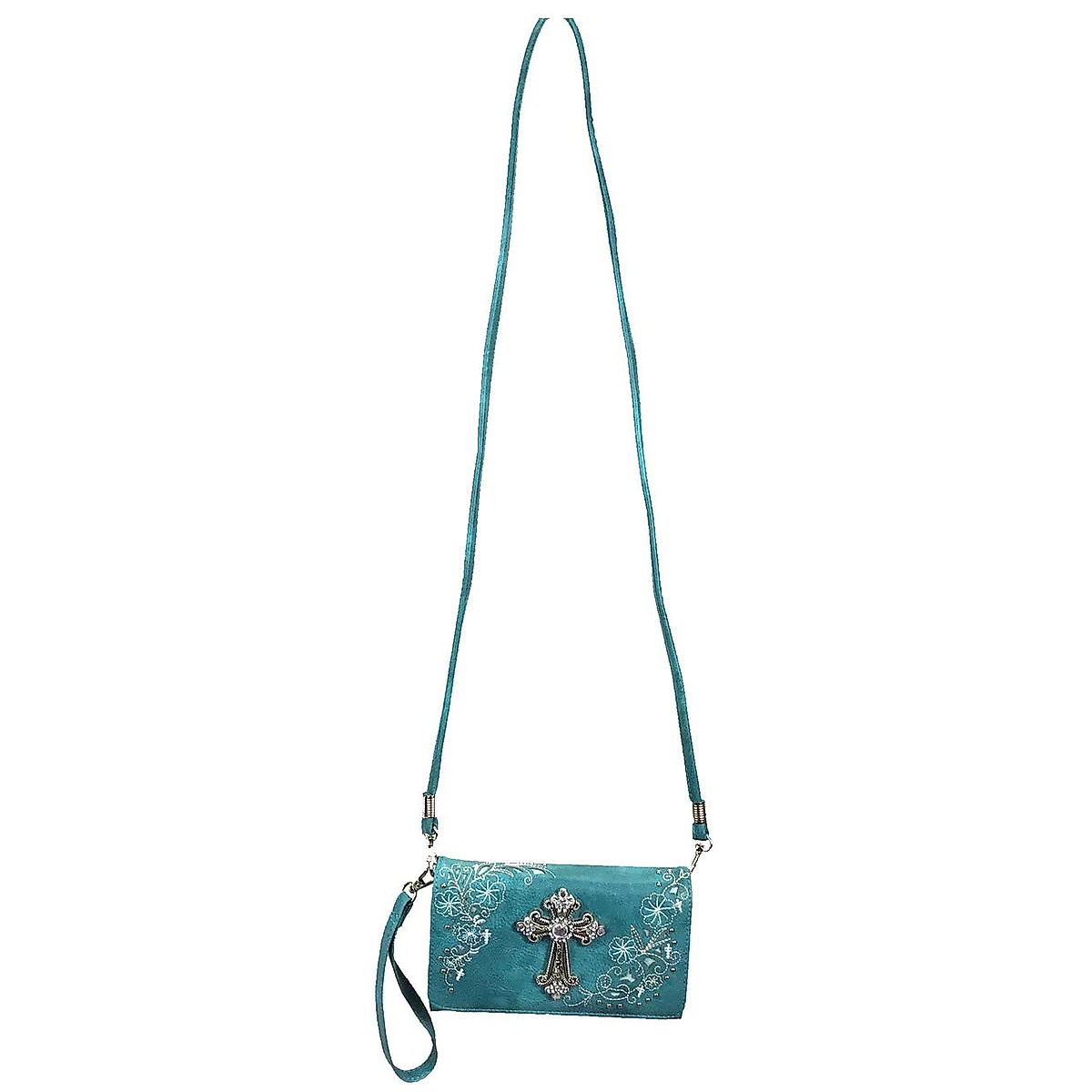 Zzfab Rhinestone Cross Embroidered Floral Western Cross Wallet Turquoise
