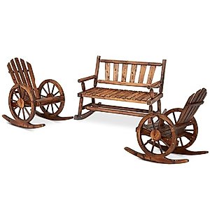 KINTNESS 3PCS Outdoor Wood Rocking Chair Outdoor Furniture Patio Wood Double Rocking Chair，Patio Rocker Bench and Wagon Wheel Wood Rocking Chair Set for Balcony Yard Poolside