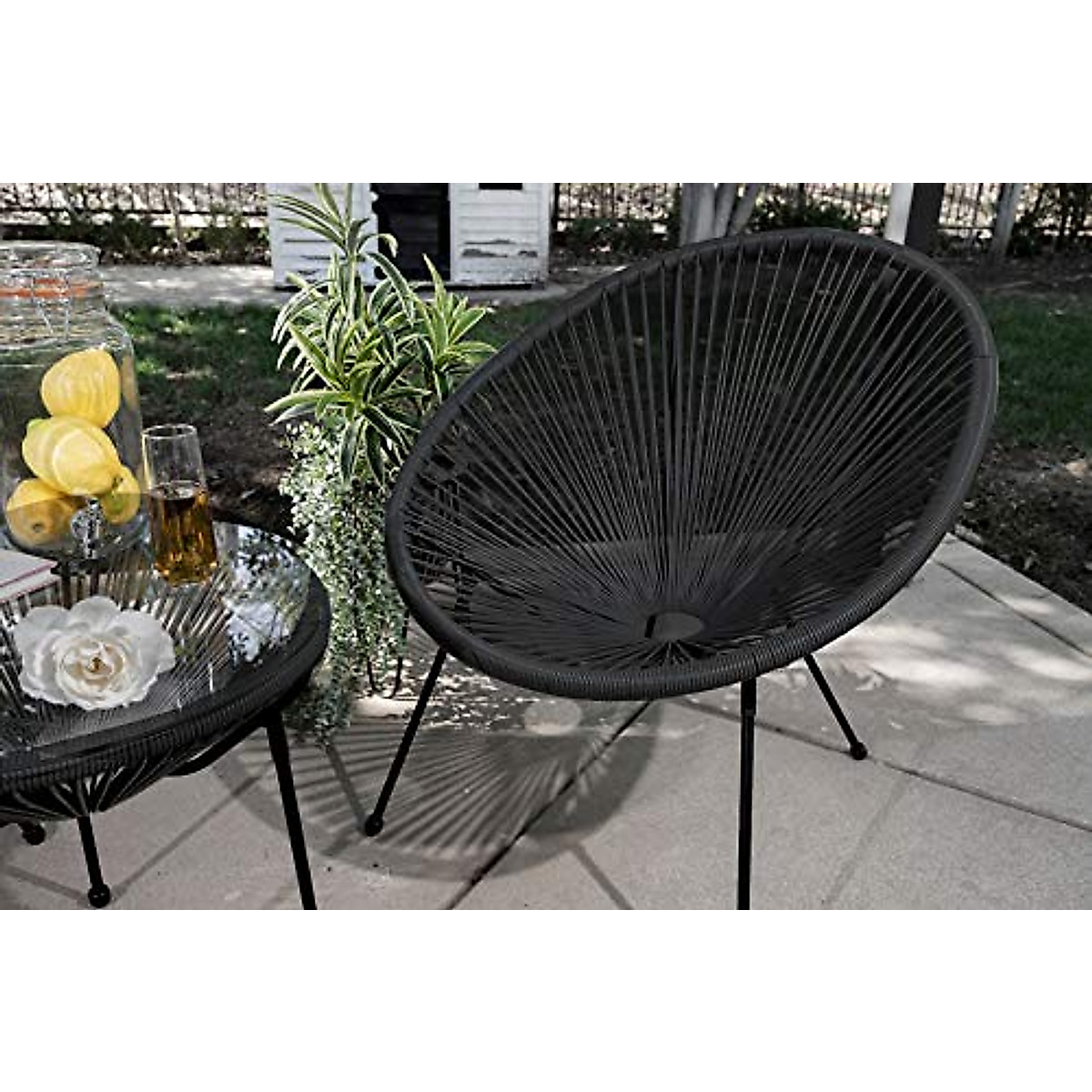 Barton 3 Pieces Acapulco Chair Set w/Glass Table Black Outdoor Patio Furniture Wicker Rattan Modern Conversation Chat Seating