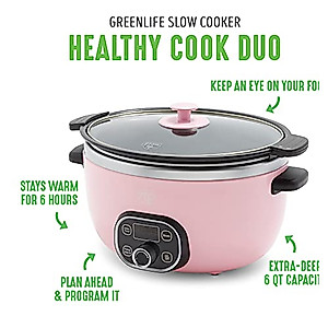 GreenLife Cook Duo Healthy Ceramic Nonstick 6QT Slow Cooker, PFAS-Free, Digital Timer, Dishwasher Safe Parts, Soft Pink