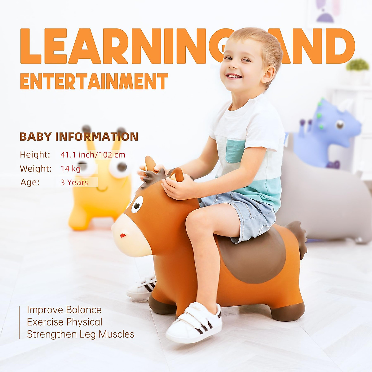 ZOOJOY Bouncy Horse Hopping Toys, Inflatable Animal Horse Toys for Toddlers 1-3, Outdoor Indoor Bounce and Ride On Bouncer for Boys Girls, Birthday Gifts for 18 Months 2 3 4 5 6 Year Old with Pump