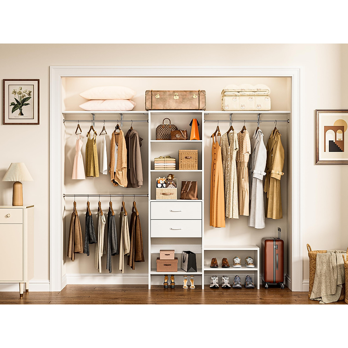 MJOMKN 8FT Closet System with Drawers, Walk-In Closet Organizer with 3 Adjustable Hanging Rods, Wood Closet Storage, Heavy Duty Clothes Rack, 96" L x 16" W x 75" H, Adjustable Wardrobe Rack, White