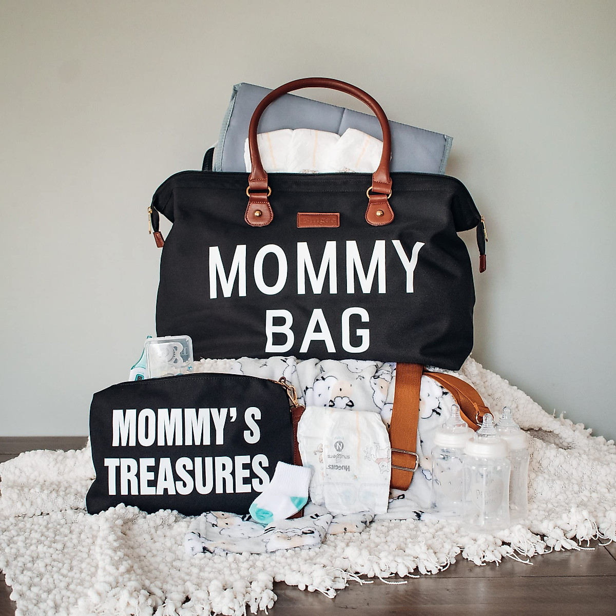 EMGEE Mommy Diaper Bag Tote For Hospital, Waterproof Design, 3 Insulated Bottle Slots, 2 Organizer Pouches, Changing Pad, & Weekender Pouch