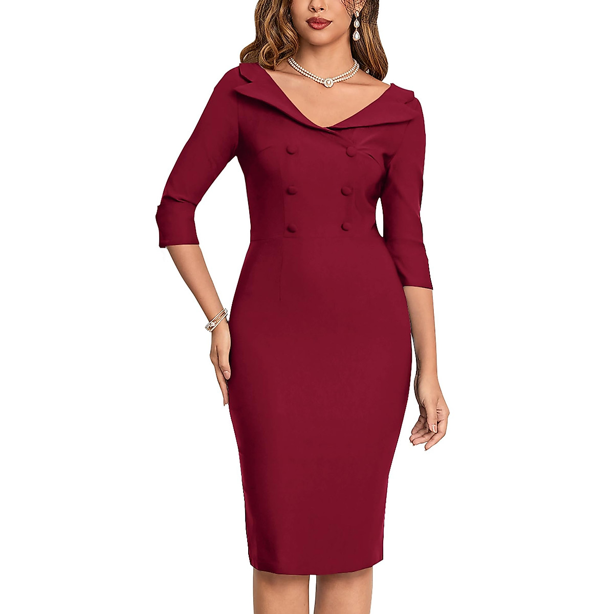 MUXXN Lady Retro 1950s Style Fashion Knee Length Wedding Long Dress for Womens (Burgundy XL)