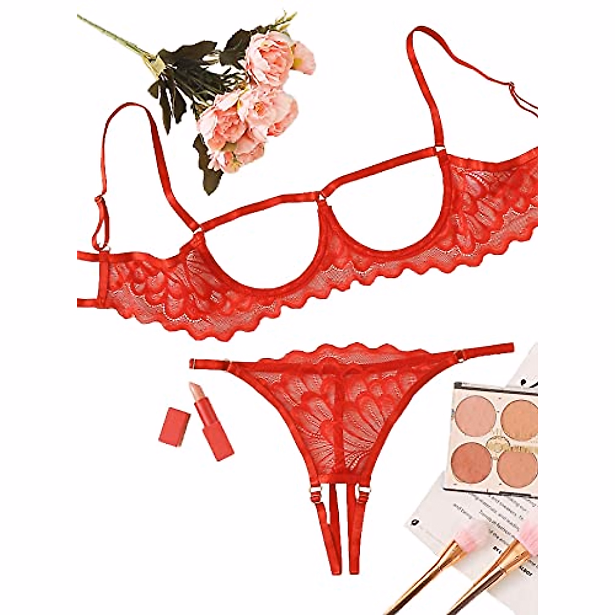 Lilosy Women's Sexy Underwire Floral Lace Sheer Lingerie Set See Through Bra and Panty 2 Piece Red Medium