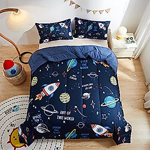 beeweed 2 Piece Kid Comforter Set Twin Size, Space Rocket Bedding Set for Teen Boys Girls